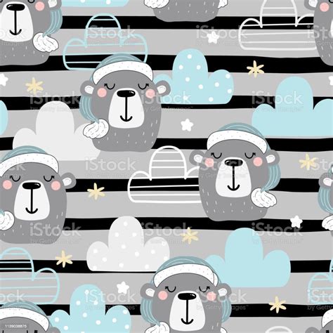 재미 테 디 베어와 함께 귀여운 완벽 한 패턴입니다 벡터 일러스트입니다 곰과 구름 무늬 곰에 대한 스톡 벡터 아트 및 기타 이미지 곰 귀여운 나이트캡 Istock