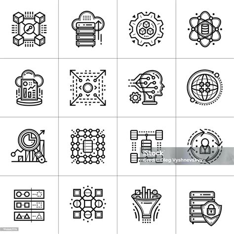 데이터 과학 기술과 기계 학습 과정의 선형 아이콘 설정 합니다 소재 디자인 아이콘 인쇄 웹사이트 및 프레 젠 테이 션에 적합 머신 러닝에 대한 스톡 벡터 아트 및 기타