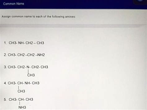 SOLVED Common Name Assign A Common Name To Each Of The Following Amines 1 CH3NHCH2CH3 2 CH3
