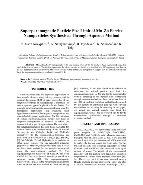 Pdf Superparamagnetic Particle Size Limit Of Mn‐zn Ferrite Nanoparticles Synthesised Through