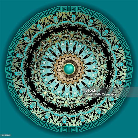 3d 바로크 벡터 만다라 패턴 럭셔리 보석 청록색 배경입니다 그리스 라운드 프레임입니다 3d 표면 보석 그리스 어 키 사행