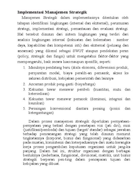 Implementasi Manajemen Strategik Implementasi Manajemen Strategik Manajemen Strategik Dalam
