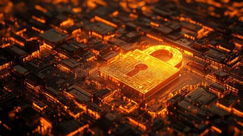 Glowing Padlock On Circuit Board Represents Digital Security Stock