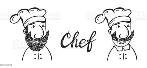 재미 수염 하 고 Mustachioed 요리사입니다 손으로 그린 만화 Hipster 요리사 요리사 캐릭터 흑인과 백인 개요 그림입니다 벡터 일러스트 레이 션 검은색에 대한
