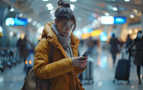 Premium Photo Woman Checking Phone At Airport Terminal