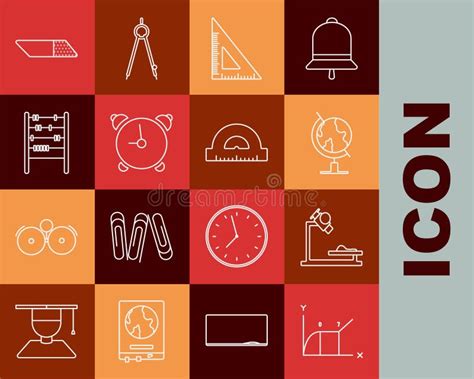 Set Line Pie Chart Infographic Microscope Earth Globe Triangular Ruler Alarm Clock Abacus