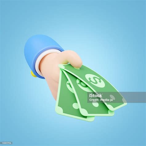 온라인 쇼핑을 위한 결제 아이콘입니다 3d 손 지주 지폐 양복을 입은 만화 사업가는 파란색 배경에 고립된 채 떠다니는 돈을 들고