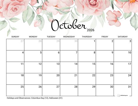 Blank Portrait October 2026 Calendar Coloring Page