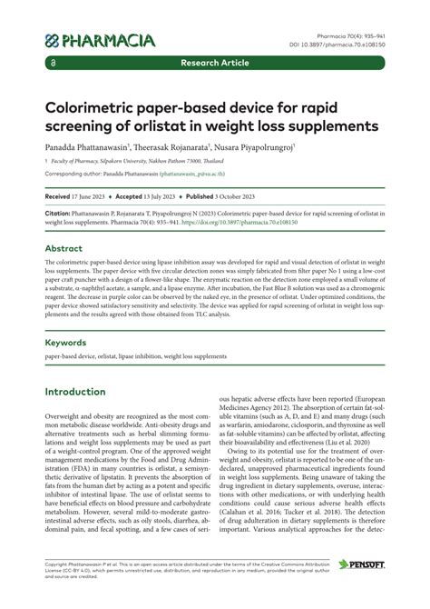 Pdf Colorimetric Paper Based Device For Rapid Screening Of Orlistat In Weight Loss Supplements