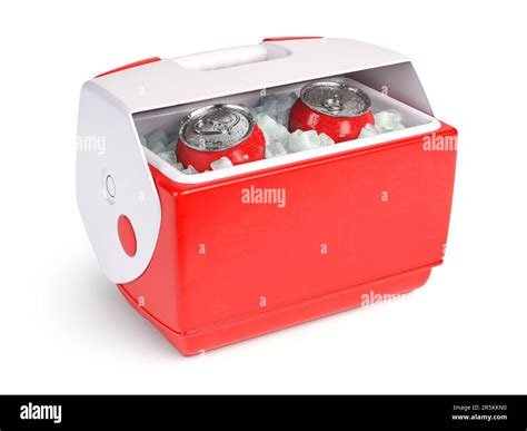 Plastic Cool Box Or Small Cooler With A Beer Cans Or Soda Drinks In Ice