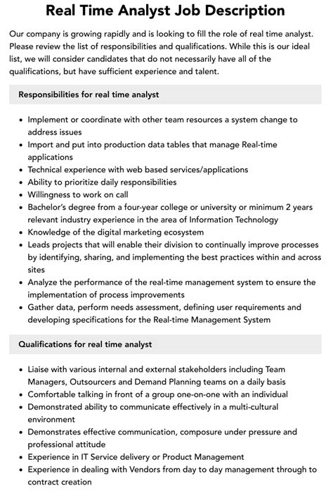 Real Time Analyst Job Description Velvet Jobs