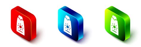 흰색 배경에 고립 된 튜브 아이콘에 등색 선 스크린 크림 태양 자외선으로부터 피부를 보호합니다 빨간색 파란색 및 녹색 사각형 버튼 벡터 3차원 형태에 대한 스톡 벡터 아트