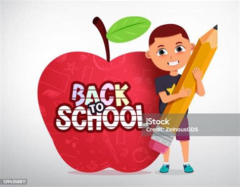 학교 벡터 컨셉 디자인으로 돌아 가기 교육 친화적 인 문자 메시지를위한 연필 요소를 들고있는 남성 아이와 함께 사과 장식으로