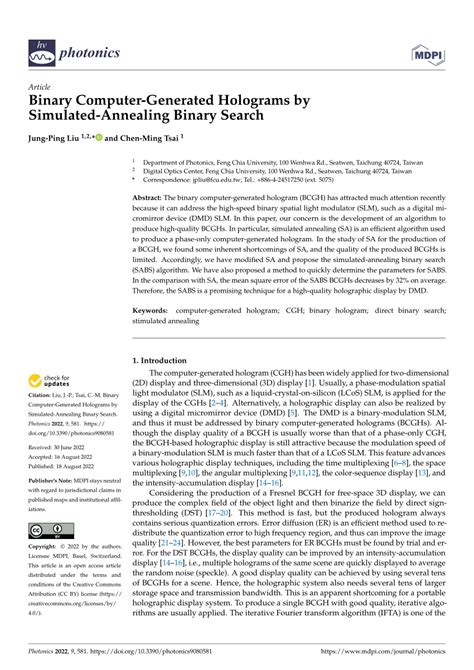 Pdf Binary Computer Generated Holograms By Simulated Annealing Binary