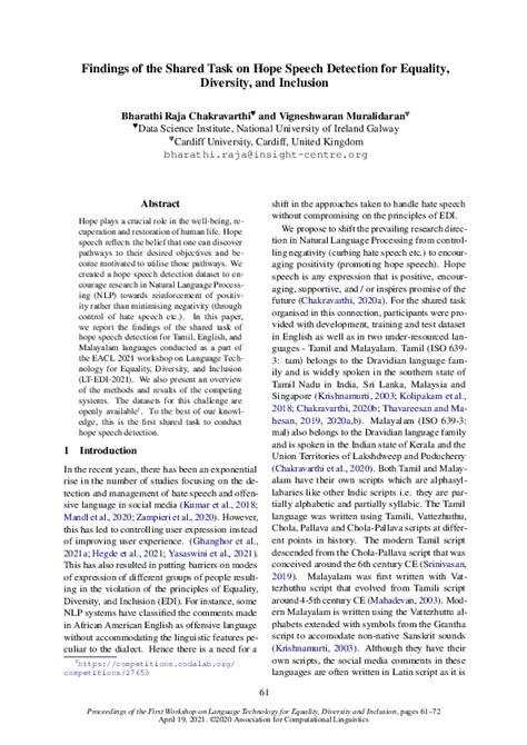 Pdf Findings Of The Shared Task On Hope Speech Detection For Equality