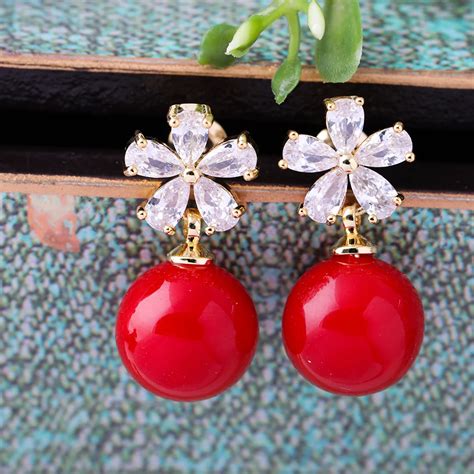 Новая модная Груша Форма кубического циркония цветок Сережки для пирсинга красный имитация