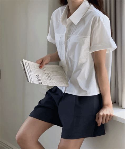 블루 포켓 루즈핏 크롭 남방 반팔 여름 셔츠 에이블리