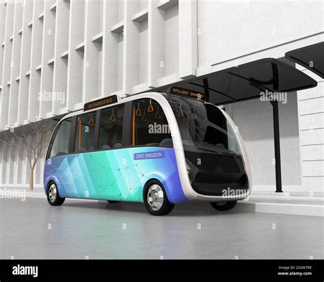 An Automated Shuttle Bus Stopping At A Bus Stop Equipped With Solar
