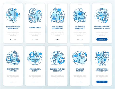 비즈니스 친화적인 아시아 블루 온보딩 모바일 앱 화면 세트 선형 개념이 있는 거래 연습 5단계 그래픽 지침 페이지 Ui Ux Gui 템플릿입니다 무수히 많은 Pro