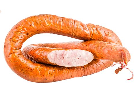 육즙 큰 두꺼운 소시지 살라미 라 드 핑크 닭고기 베이컨 돼지고기 황소 빛나는 고 흰색 배경에 고립 된 음식 영화에 흰색