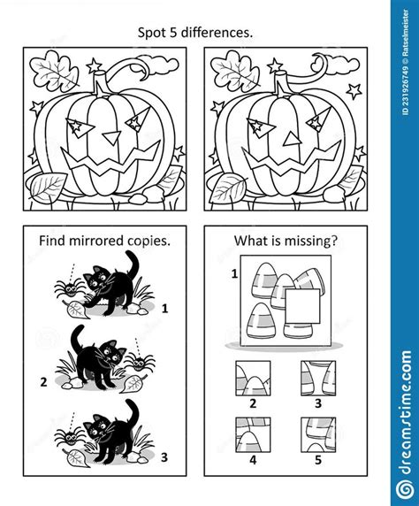 Halloween Puzzle Page With 3 Visual Puzzles Or Picture Riddles Find Differences Mirrored