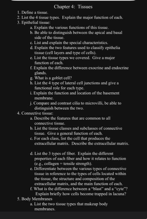 Solved Chapter 4 Tissues 1 Define A Tissue 2 List The 4
