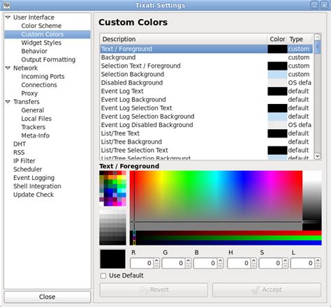 Settings User Interface Custom Colors Tixati