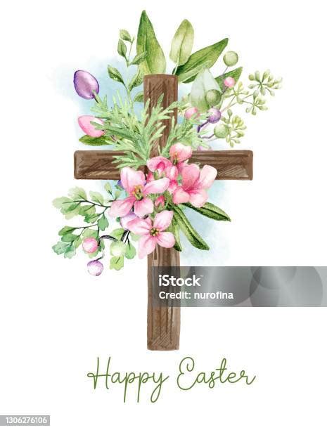 Paskah Salib Kristen Dengan Elemen Bunga Dekorasi Paskah Ilustrasi Stok