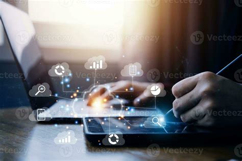 Man Use Laptop With Cloud Computing Diagram Show On Hand Cloud Technology Data Storage