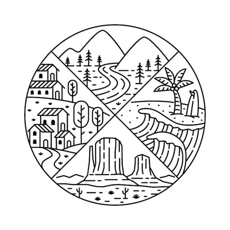 Premium Vector Natural Landscape In Circle Frame Illustration