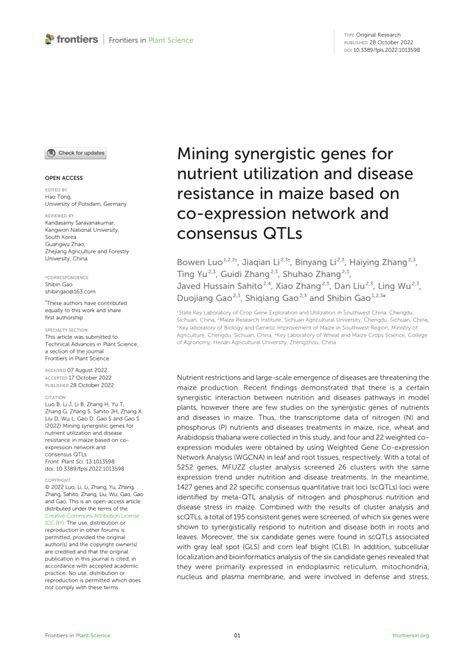Pdf Mining Synergistic Genes For Nutrient Utilization And Disease Resistance In Maize Based On