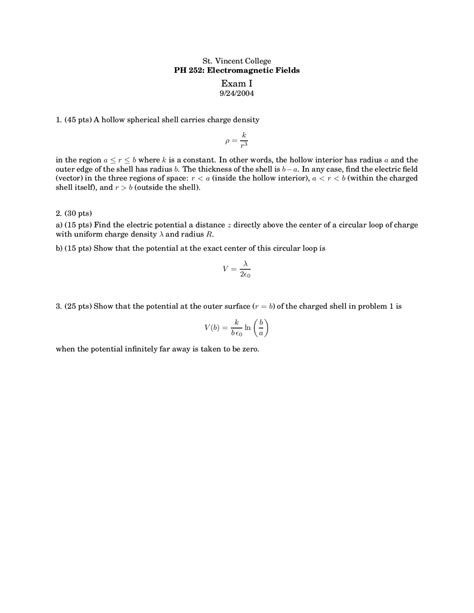 Hollow Spherical Shell Electromagnetic Fields Exam Docsity