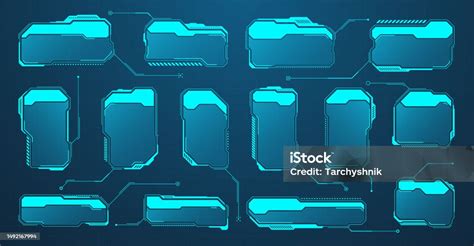 파란색 미래형 Hud 또는 Ui 요소 공상 과학 사용자 인터페이스 텍스트 상자 설명선 경고 메시지 프레임 정보 상자 템플릿입니다 디지털 스타일의 현대적인 게임 인터페이스