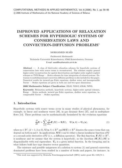Pdf Improved Applications Of Relaxation Schemes For Hyperbolic Systems Of Conservation Laws