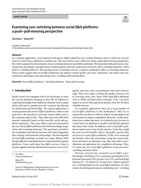 Examining User Switching Between Social Qanda Platforms A Push Pull Mooring Perspective
