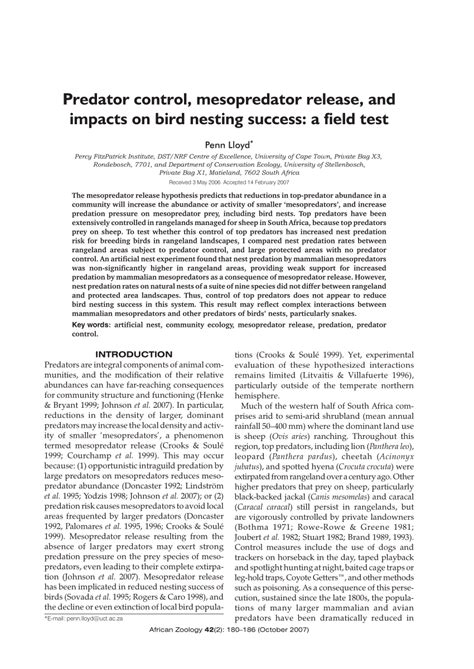 Pdf Predator Control Mesopredator Release And Impacts On Bird Nesting Success A Field Test