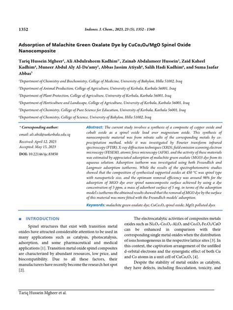 Adsorption Of Malachite Green Oxalate Dye By Cuco2o4mgo Spinel Oxide