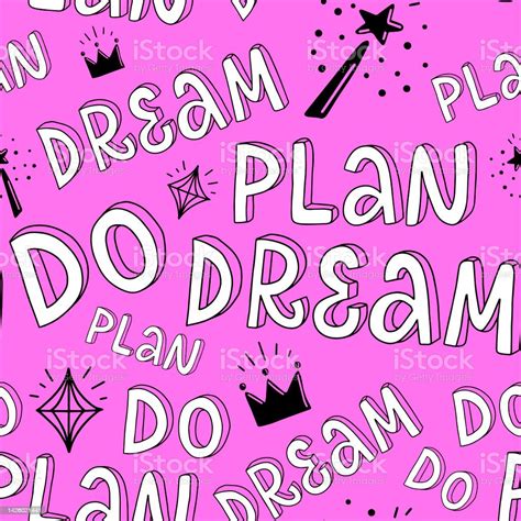 단어와 아이콘을 문자로 표시하는 완벽한 패턴 Dream Plan Do3d 편지의 슬로건은 분홍색 배경에 있습니다 빈티지 90의 스타일 1990 1999 년에 대한 스톡 벡터