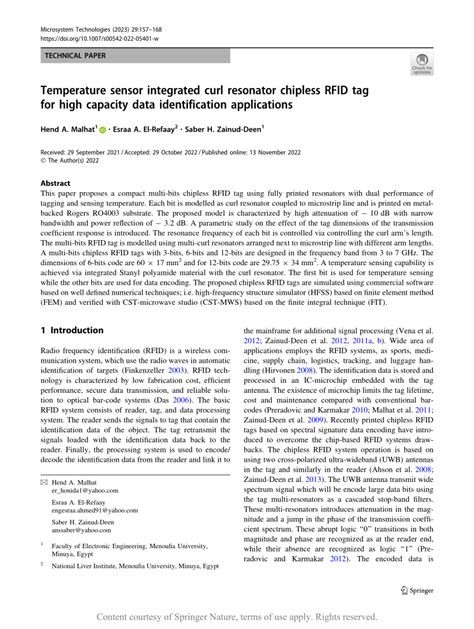 Pdf Temperature Sensor Integrated Curl Resonator Chipless Rfid Tag For High Capacity Data