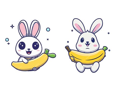 바나나를 들고 있는 ⁇ 터 귀여운 토끼 만화 ⁇ 터 아이콘 일러스트 프리미엄 벡터