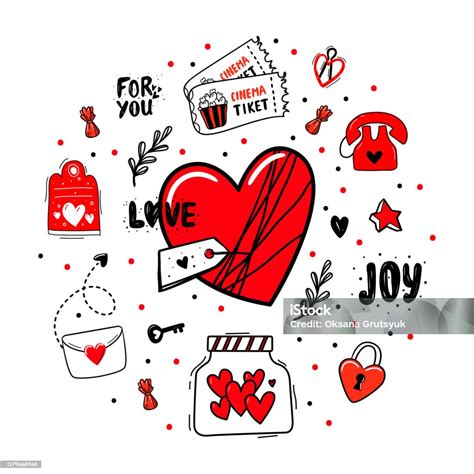 발렌타인 데이 테마 낙서 세트 전통적인 낭만적 인 상징 심장 모양 키 티켓 화살표 선물 상자 당신을 위해 편지 사랑 편지 사탕