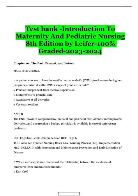 Test Bank Introduction To Maternity And Pediatric Nursing 9th Edition By Leifer 100 Graded