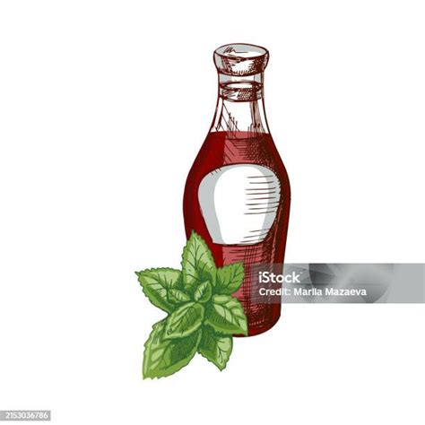 유리병에 담긴 케첩이나 소스와 민트 한 다발에 손으로 그린 컬러 스케치 레스토랑과 카페의 메뉴 디자인을 위해 구운 음식 개체