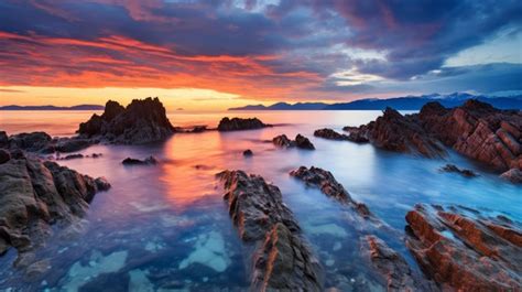 Premium AI Image Capturing The Serene Beauty Of Rocky Shores At Sunset