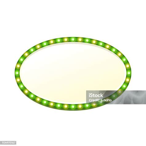빛나는 조명 빈 3d 타원형 레트로 라이트 배너입니다 녹색 및 노란색 전구 및 텍스트에 대 한 밝은 빈 공간 녹색 기호입니다 빈티지 거리 간판입니다 광고 프레임 화려한 벡터