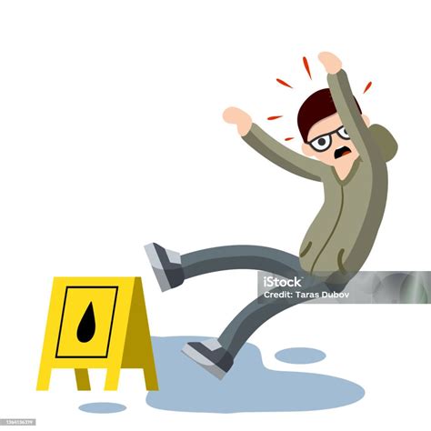 남자는 젖은 바닥에 미끄러졌다 위험과 위험 물 웅덩이에 미끄러지기 실수와 떨어지는 플랫 만화 일러스트레이션 떨어짐에 대한 스톡 벡터 아트 및 기타 이미지 Istock
