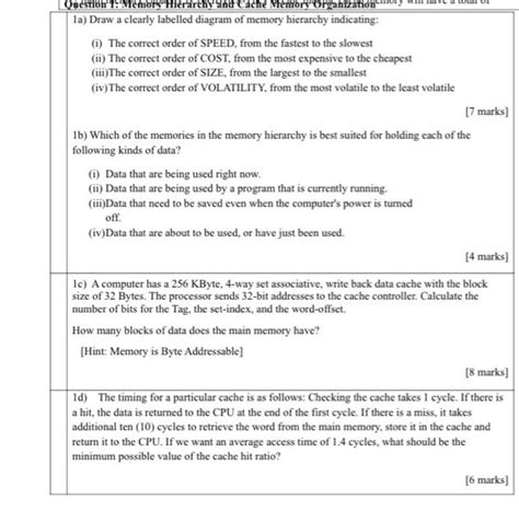 Solved Question Memor Hierarchy And Cache Memory Chegg