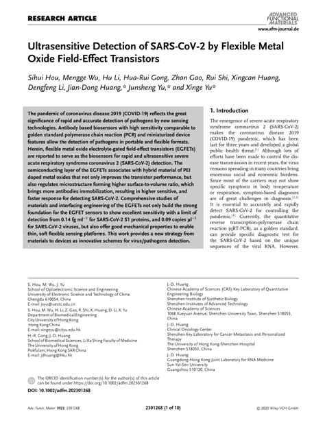 Ultrasensitive Detection Of Sars‐cov‑2 By Flexible Metal Oxide Field