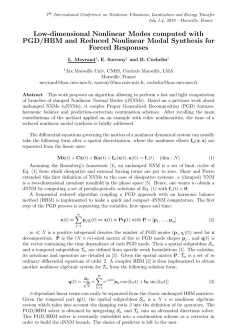 Pdf Low Dimensional Nonlinear Modes Computed With Pgdhbm And Reduced Nonlinear Modal