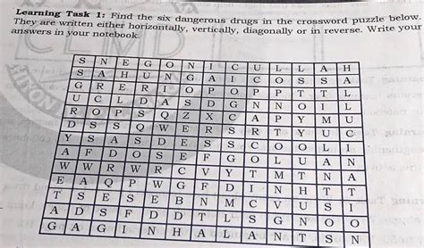 learning task 1 find the six dangerous drugs in the crossword puzzle